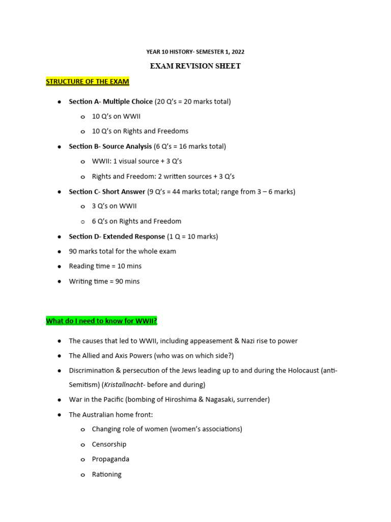 Year 10 History Exam Guide | PDF