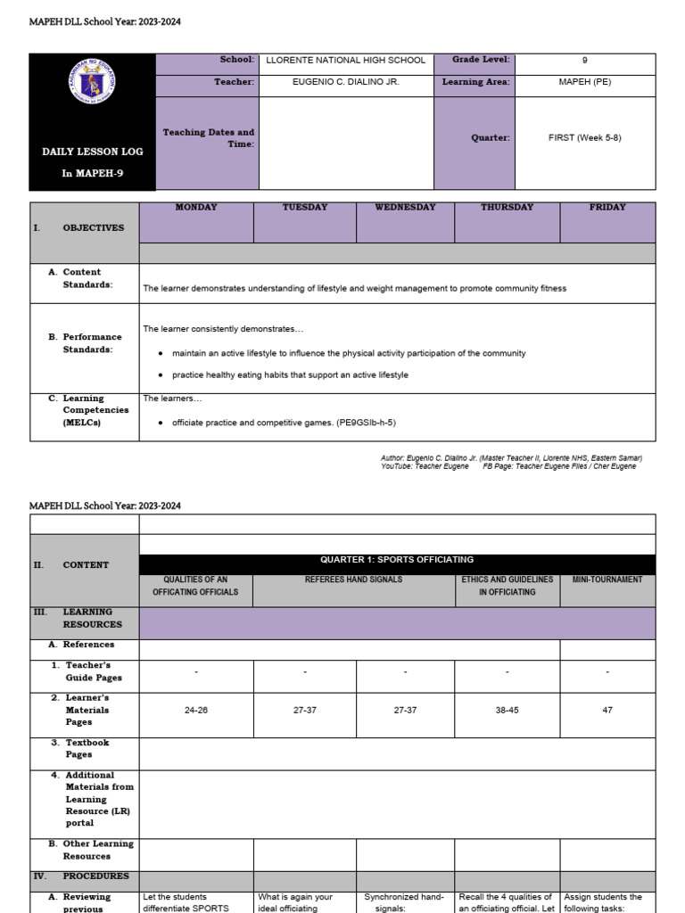 Q1 Dll-Mapeh 9 - Pe | PDF | Learning | Cognitive Science