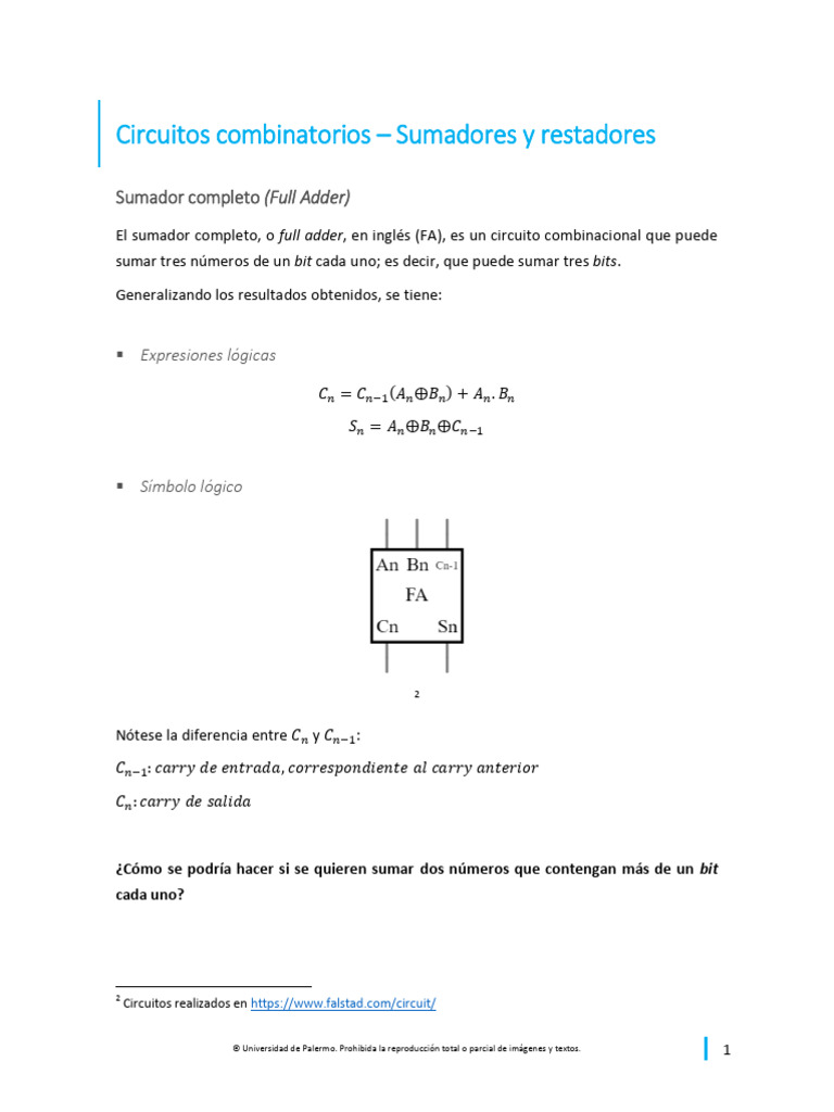 Circuitos Combinatorios - Sumadores y Restadores | PDF | Sustracción | Poco