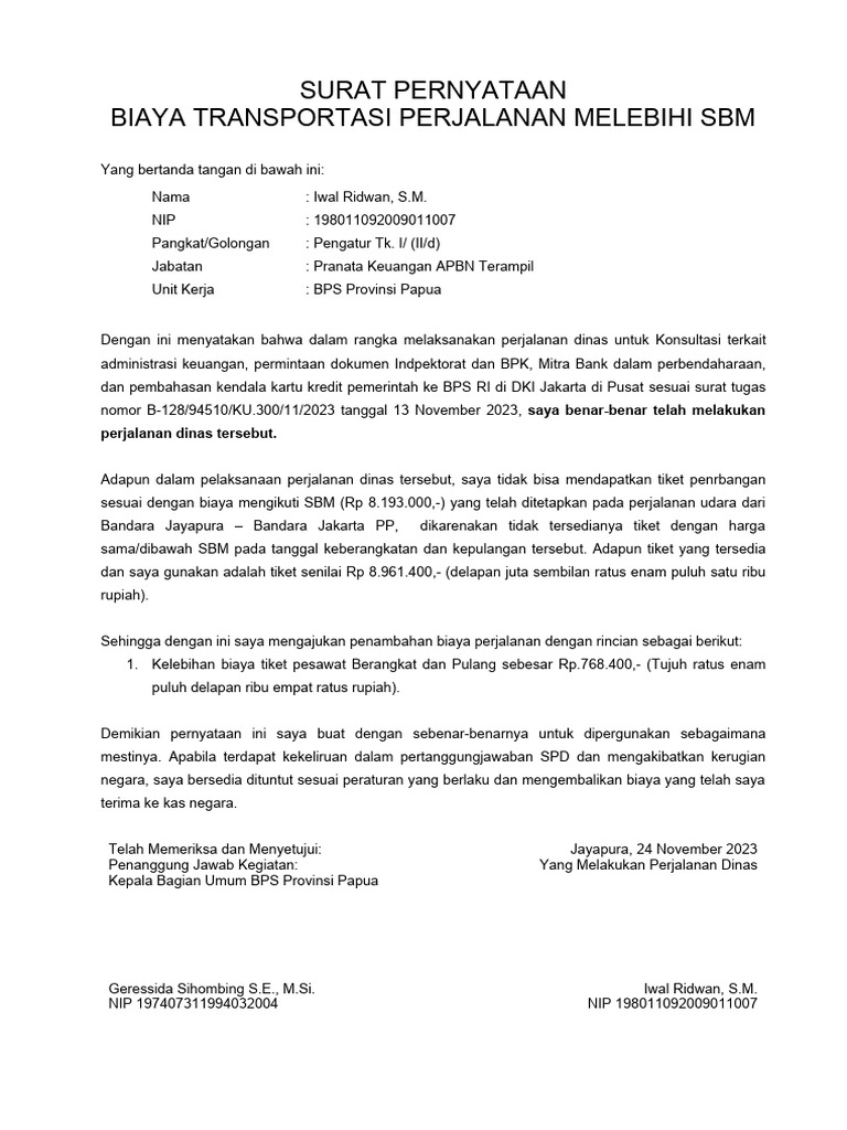 Contoh - Surat Pernyataan Tidak Bisa Mendapatkan Harga Tiket Sesuai SBM ...
