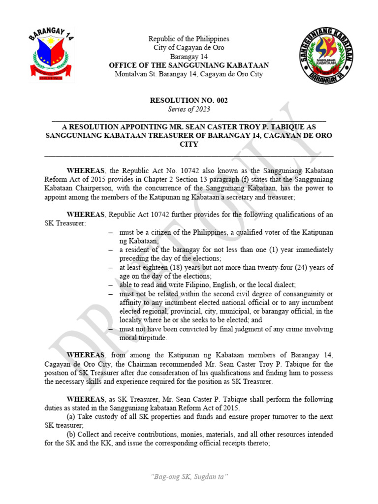 Resolution No 2023 02 Appointing SK Treasurer | PDF | Justice | Crime ...