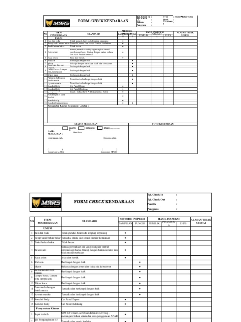 Checklist Pemeriksaan Kendaraan Pdf