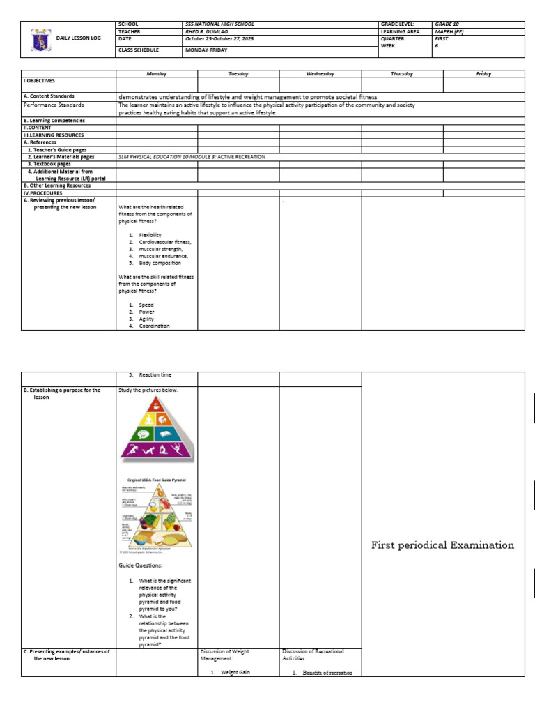 Dll-Pe Lesson 2 - 2023-2024 | PDF | Learning | Physical Fitness