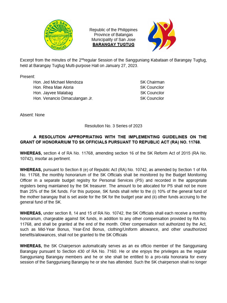 Reso About The Honorarium of SK 1 1.docx Tugtug | PDF | Government