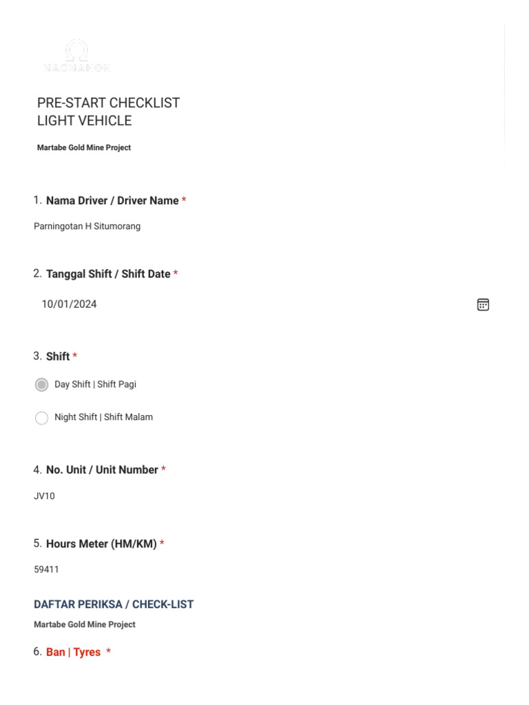 Light Vehicle Pre-Start Checklist | PDF