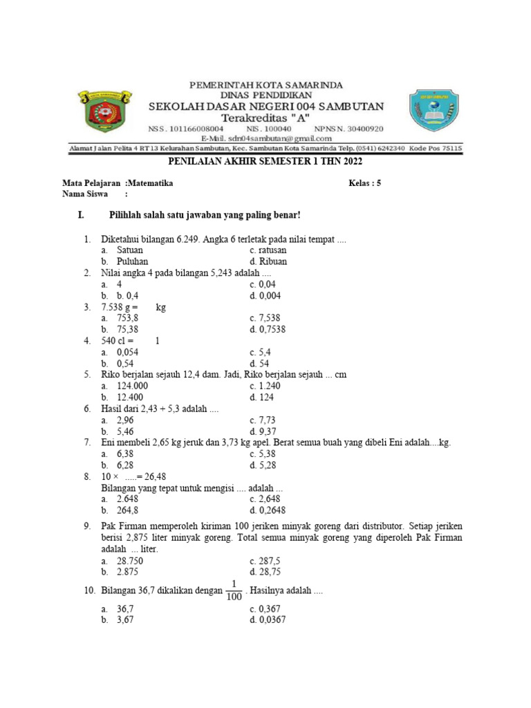 Soal PAS MTK Ganjil Kls 5 2022 | PDF