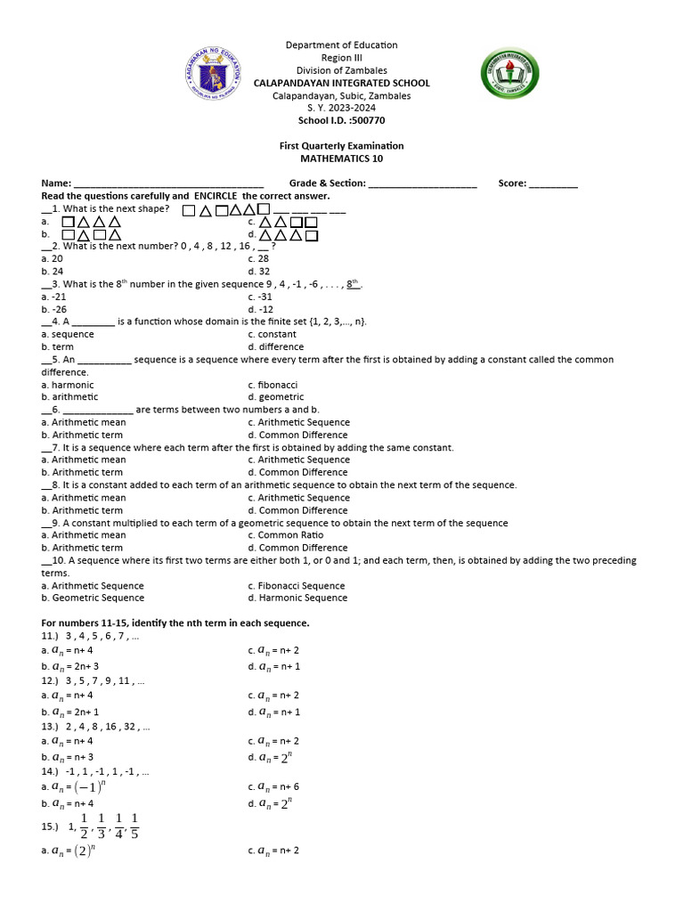 g10-1stgrading-exam-math | PDF | Sequence | Algebra