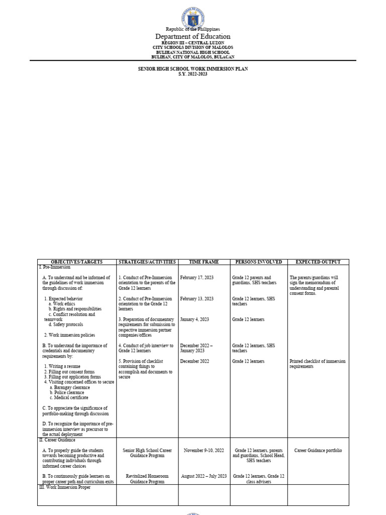 Action Plan SHS Immersion 22 23 | PDF | Wellness