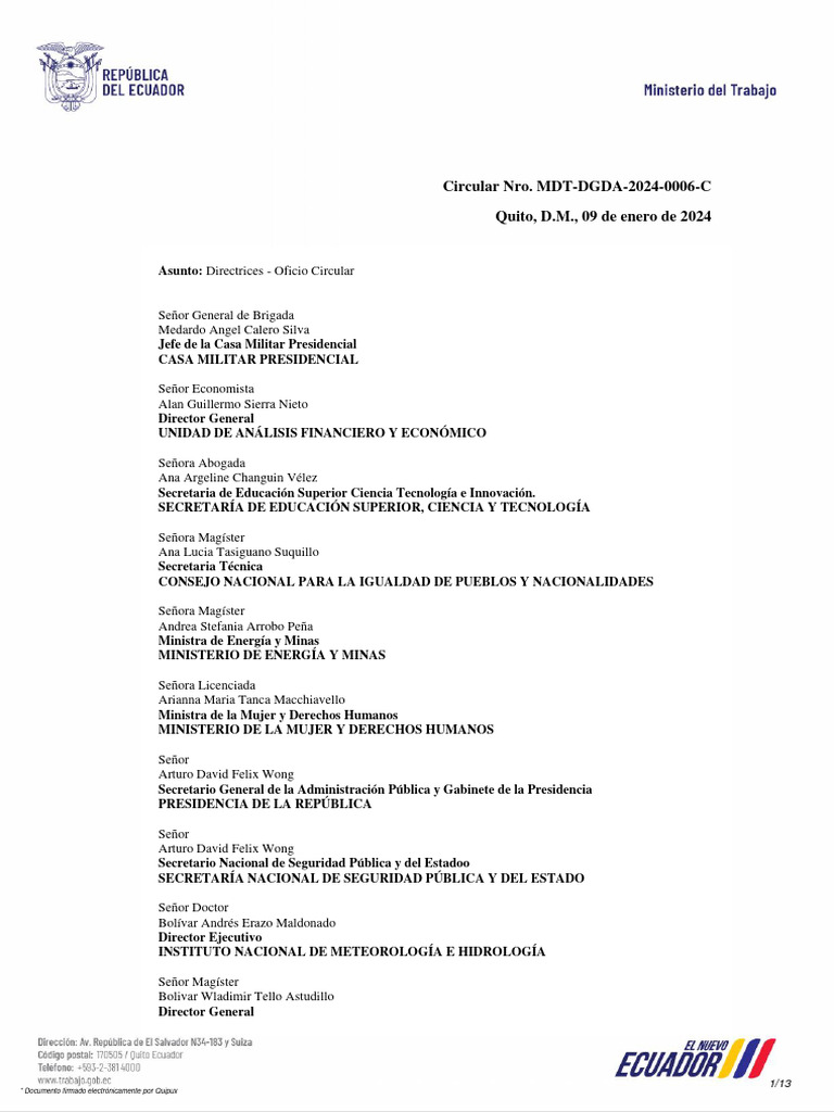 Circular Nro. MDT-DGDA-2024-0006-C Quito, D.M., 09 de Enero de 2024 ...