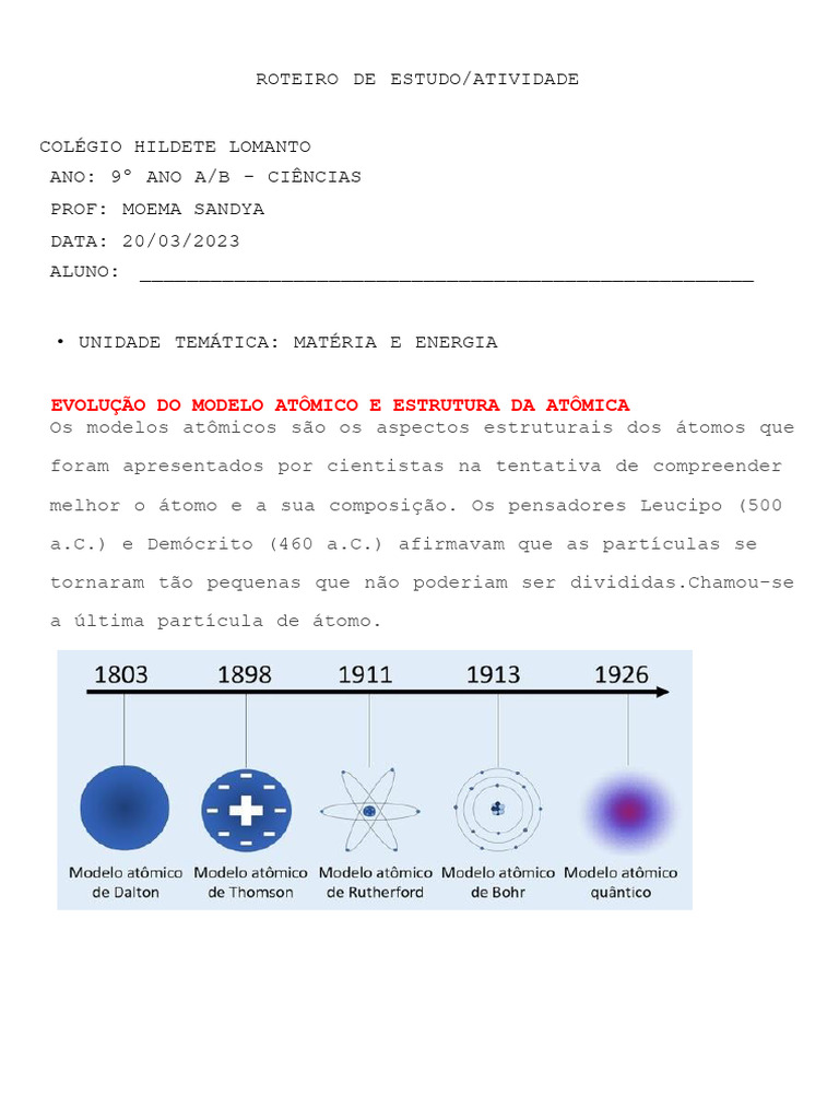 Modelos Atômicos - Resumo | Download grátis PDF | Próton | Nêutron