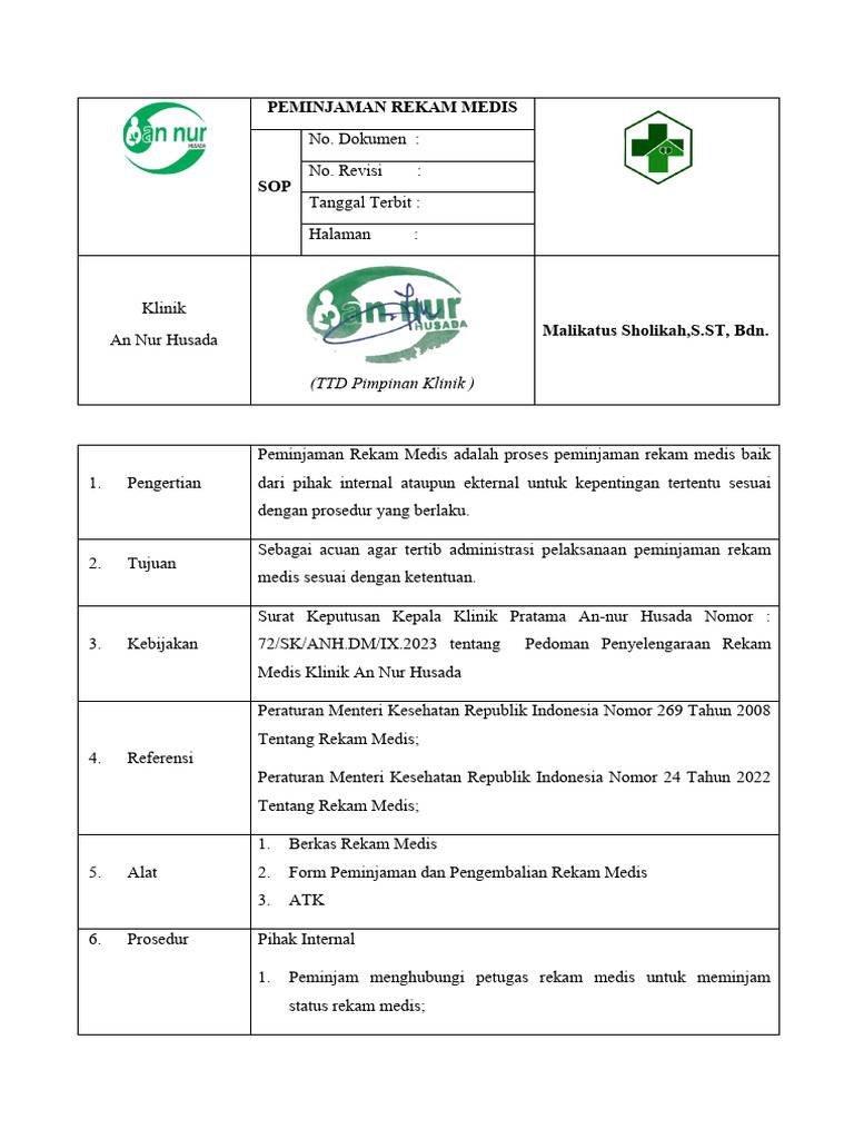 Sop Peminjaman Rekam Medis | PDF