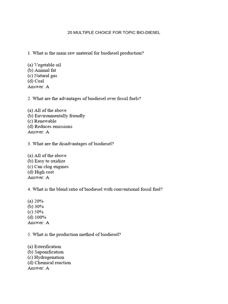 20 Multiple Choice Biodiesel | PDF | Biodiesel | Chemical Substances