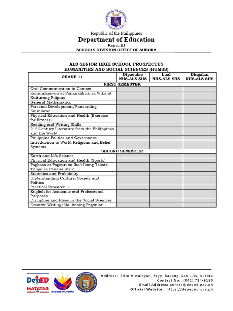 ALS SHS Prospectus | PDF | Science | Social Sciences