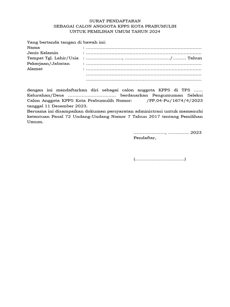 Template Pendaftaran KPPS Prabumulih | PDF | Olahraga & Rekreasi