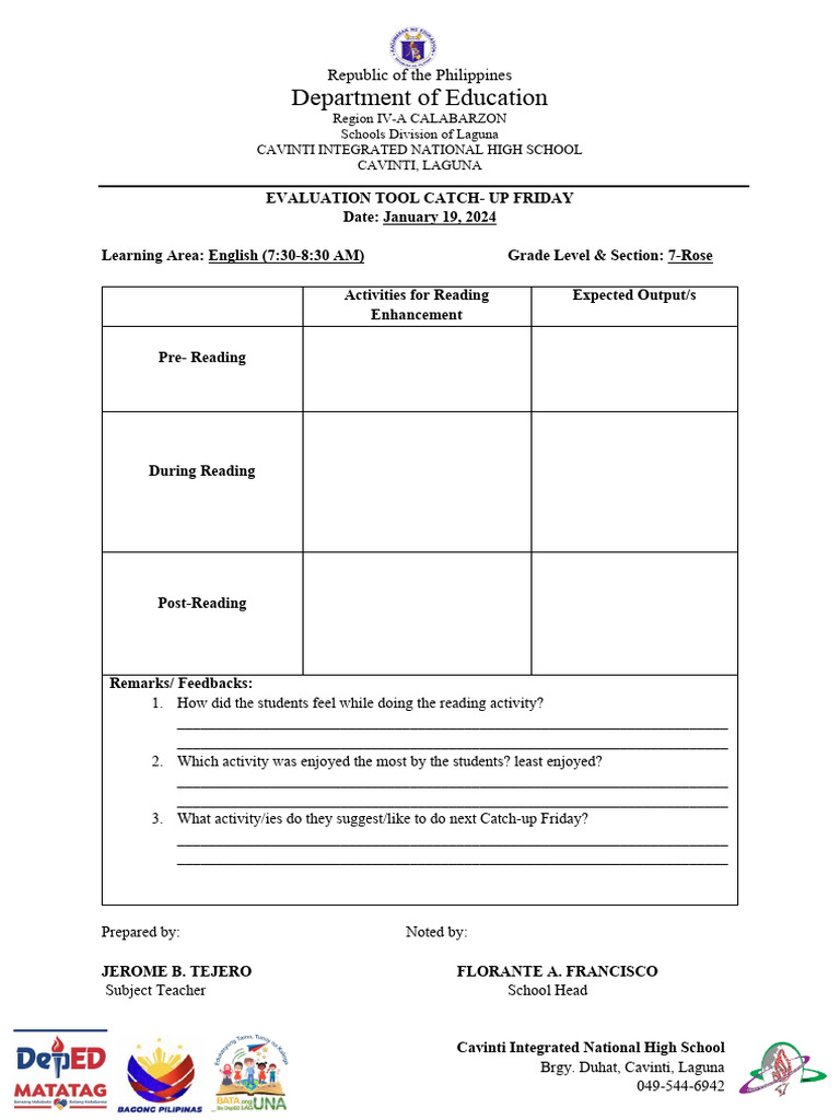 CATCH UP FRIDAY REFLECTION TOOL Per Period | PDF