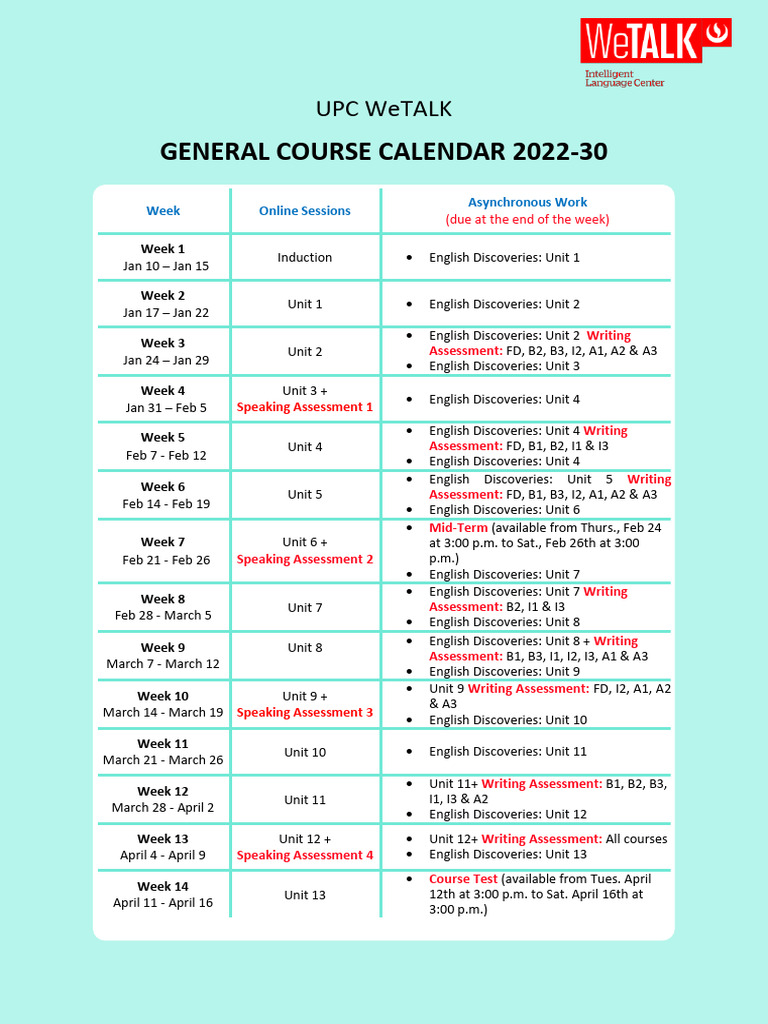UPC WeTALK General Course Calendar - 2022-30 | PDF | Student Assessment ...