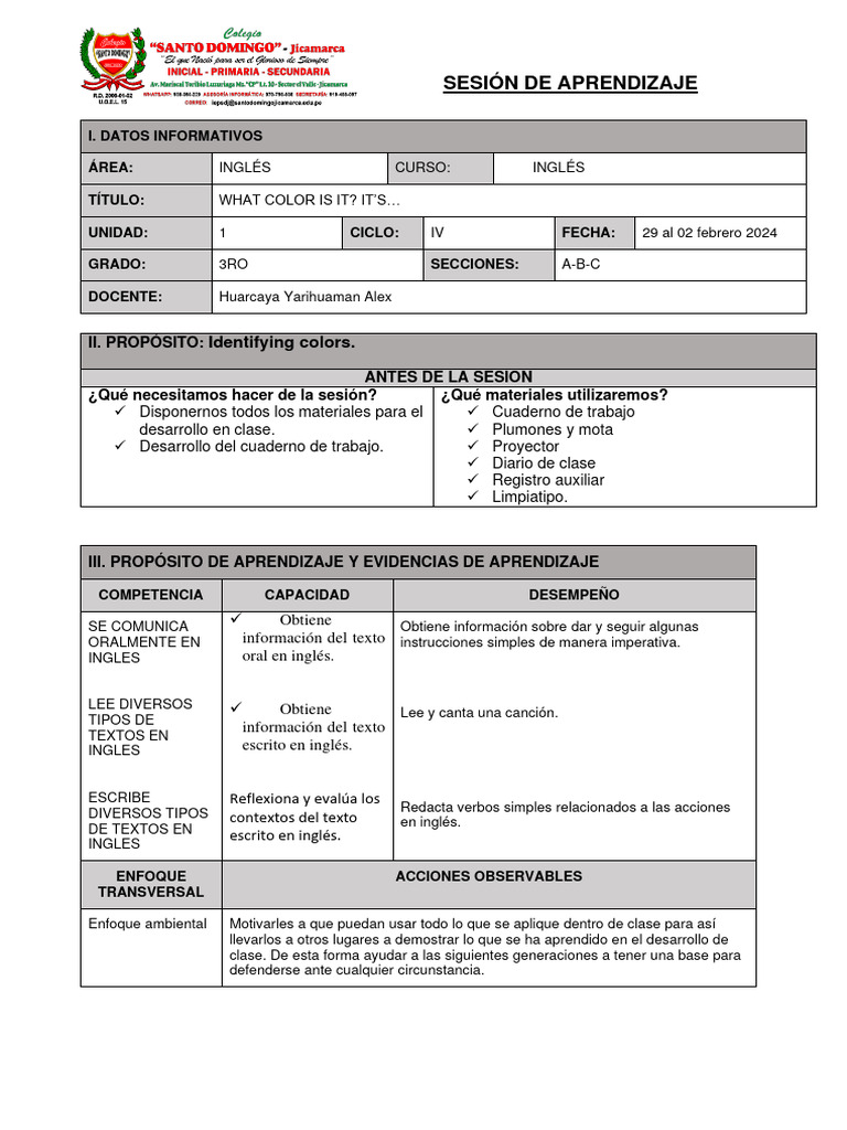 3er Grado - What Color Is It Its Red Modelo Sesión de Aprendizaje Primaria | PDF | Aprendizaje ...