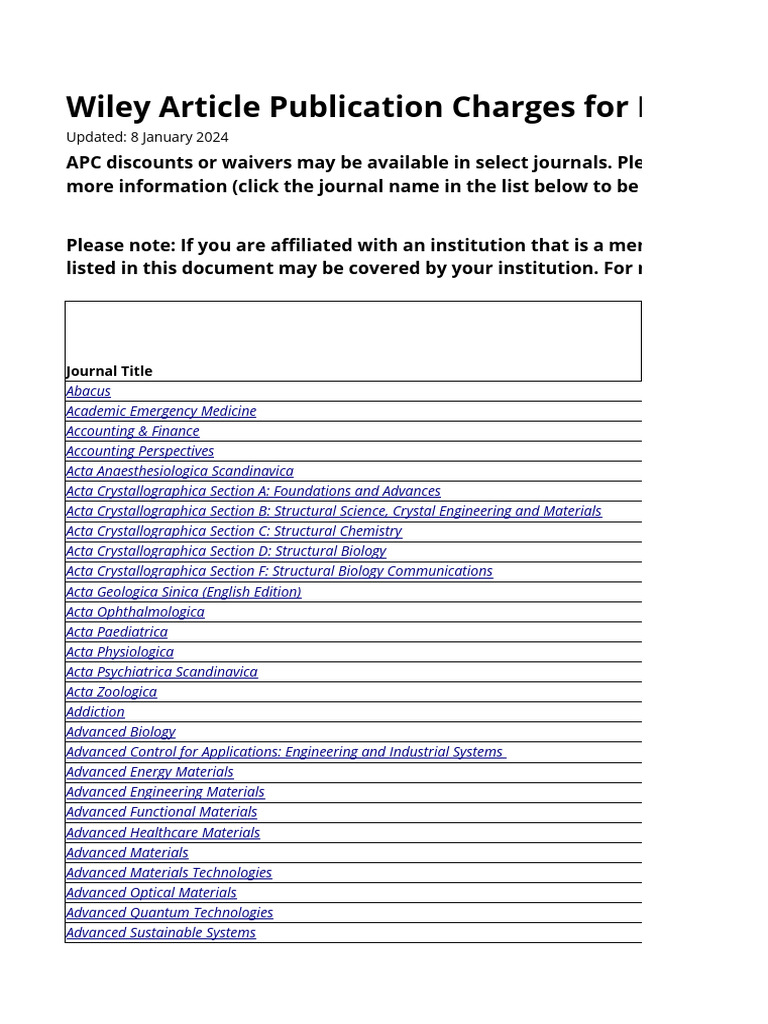 Wiley Journal APCs OnlineOpen | PDF | Pharmacology | Medicine