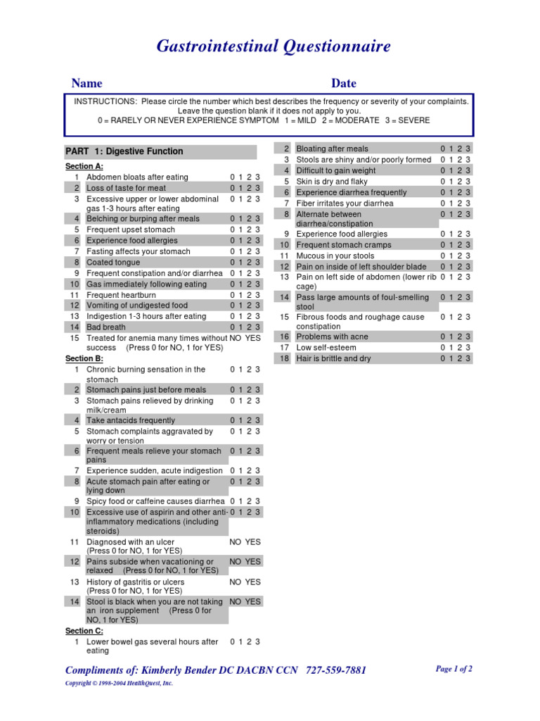 Gastrointestional Questionnaire | Download Free PDF | Bloating ...