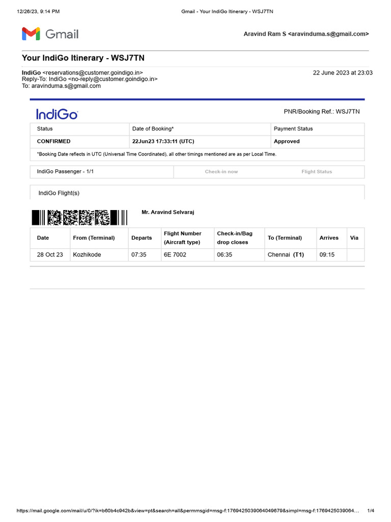 Gmail - Your IndiGo Itinerary - WSJ7TN - PDF - Aravind | PDF | Airport