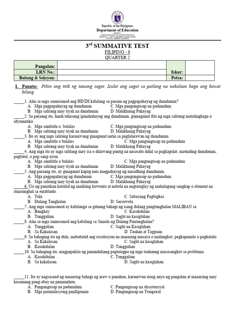Summative Test 3 FILIPINO 8-Q2 | PDF