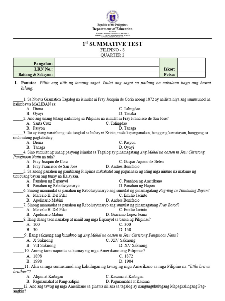 Summative Test 1 FILIPINO 8-Q2 | PDF