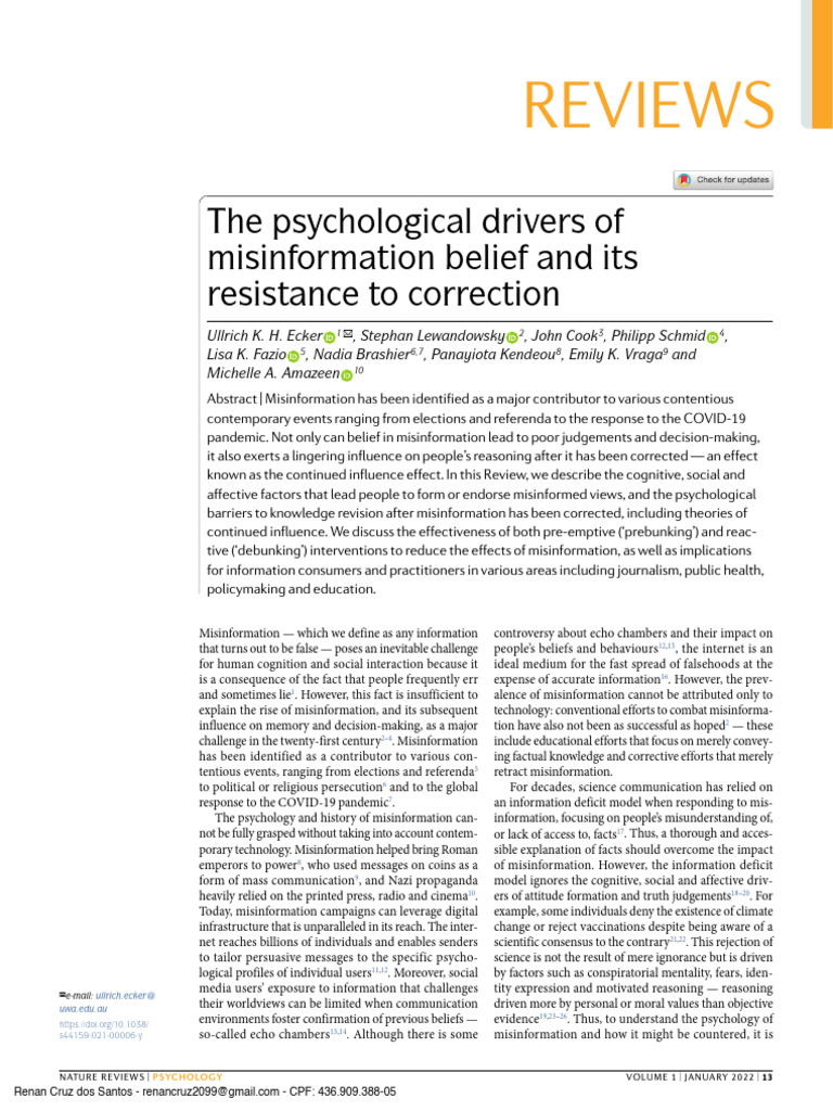 The Psychological Drivers Of Misinformation Belief And Its Resistance To Correction Pdf