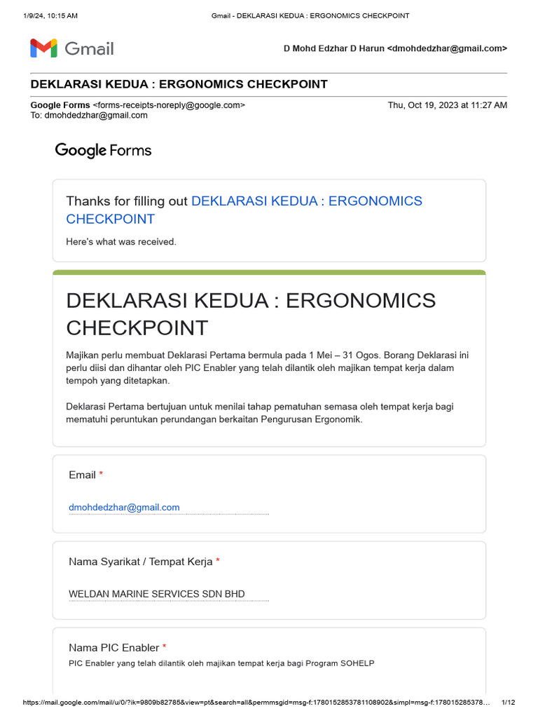 Gmail - Deklarasi Kedua - Ergonomics Checkpoint | PDF