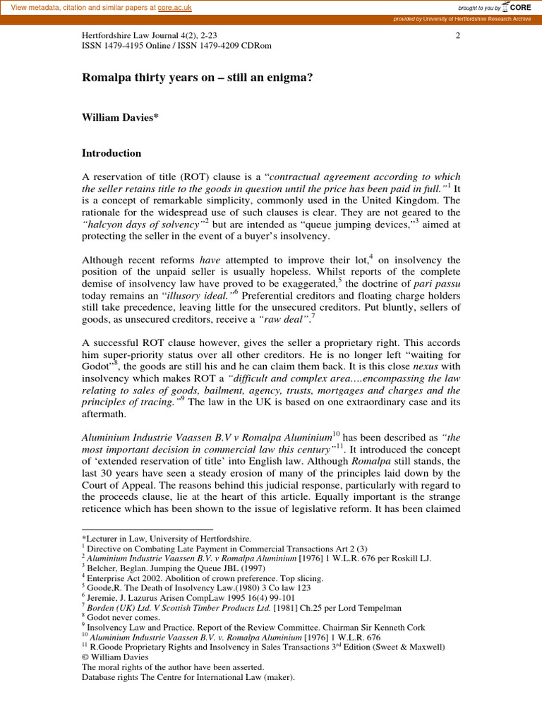 Romalpa Case: 30 Years Later | PDF | United Kingdom Insolvency Law ...