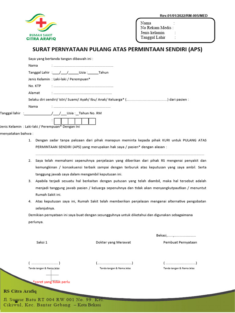 Surat Pernyataan Pulang APS Pasien | PDF