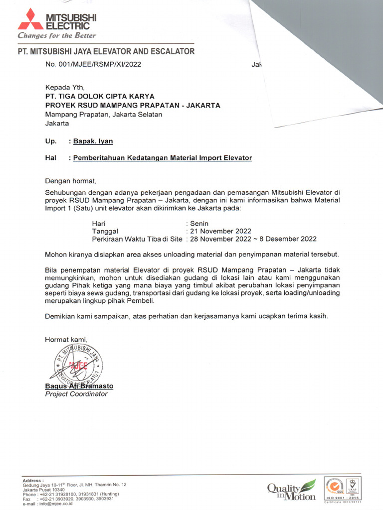 Surat Pemberitahuan Kedatangan Material Lift | PDF