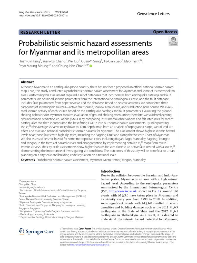 Probabilistic Seismic Hazard Assessments For Myanmar and Its Metropolitan Areas Yang - Et - Al ...