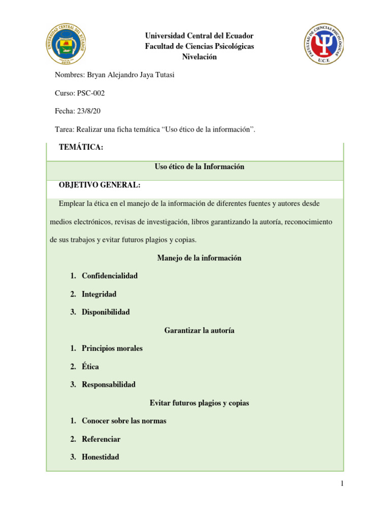 Tarea N12 - Ficha Del Uso Ético de La Información | PDF | Sociedad | Plagio