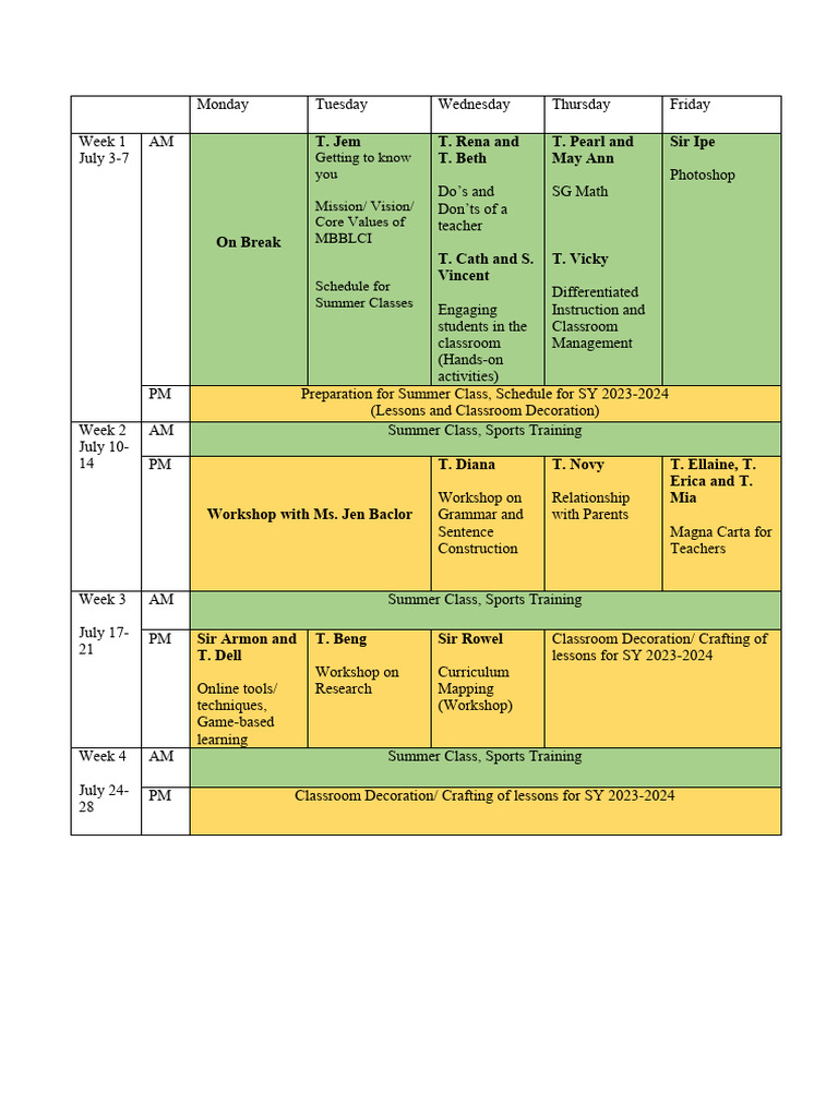 Summer Training Schedule | PDF | Learning | Behavior Modification