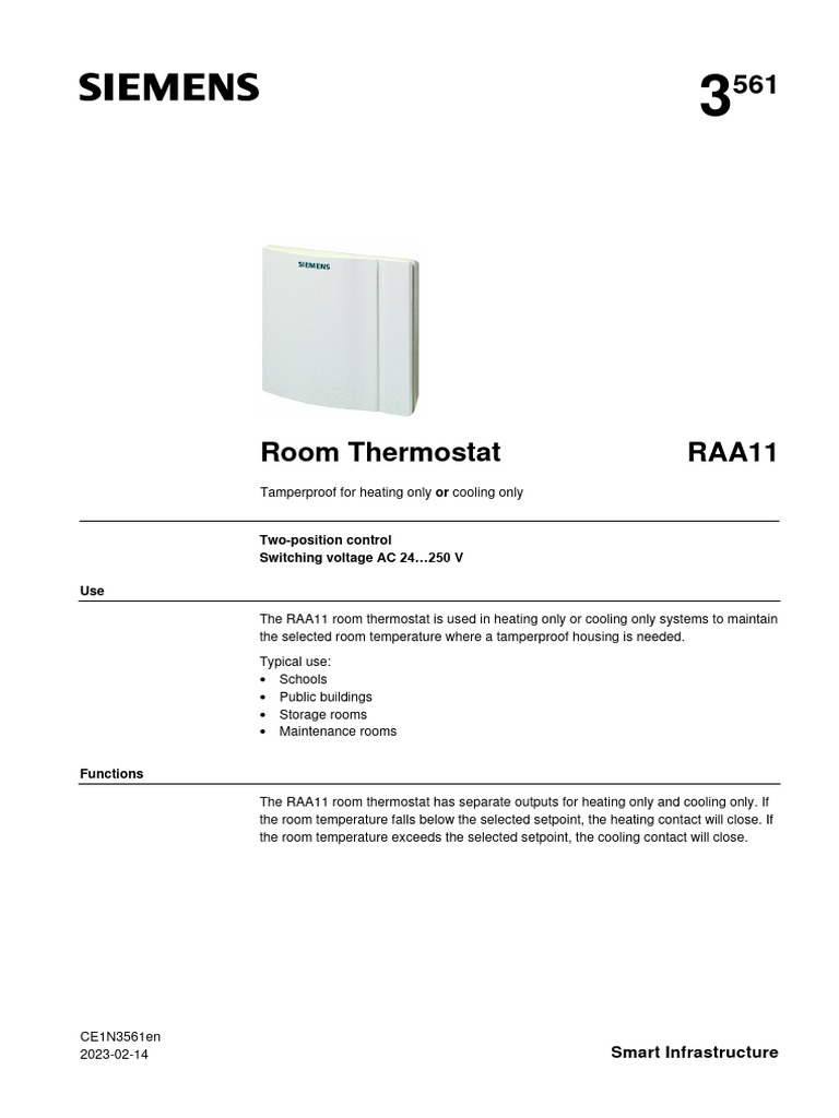A6V10348311 Room Thermostat RAA11 en | PDF | Thermostat | Electrical Engineering