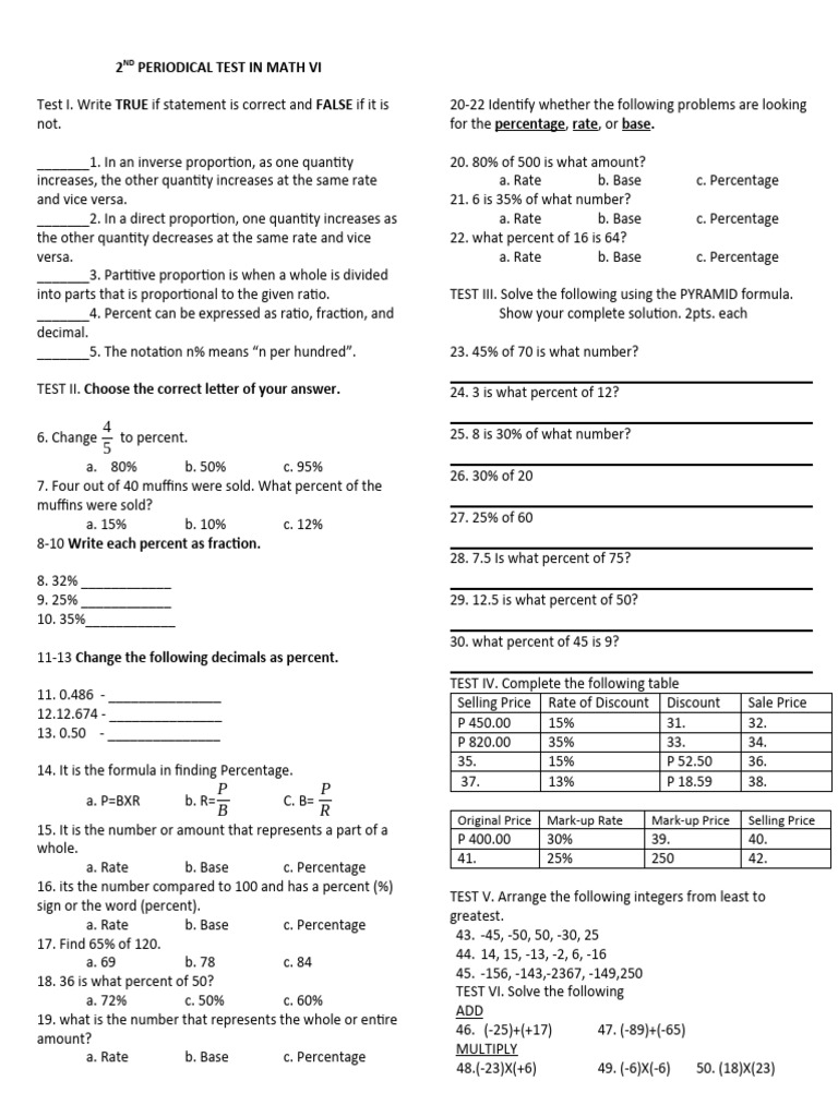 PT - MATH 6 Q2-New | PDF | Percentage | Ratio