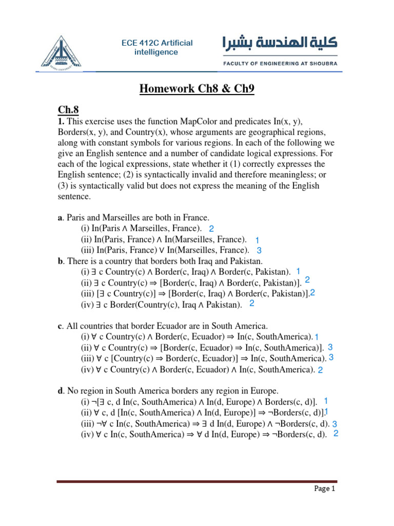 ECE412C AI Ch8 Ch9 HW4 | PDF | Mathematics | Mathematical Logic