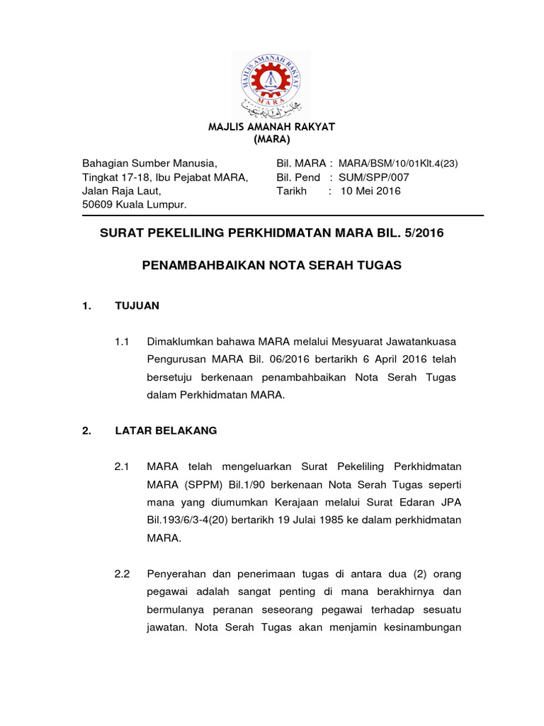 Surat Pekeliling Perkhidmatan MARA Bil. 5-2016 | PDF