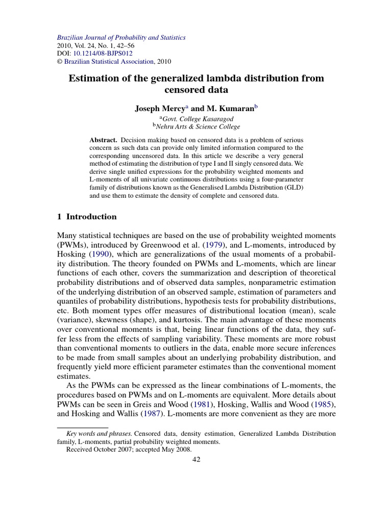 Estimation of The Generalized Lambda Distribution From Censored Data - Joseph Mercy - May 2008 ...