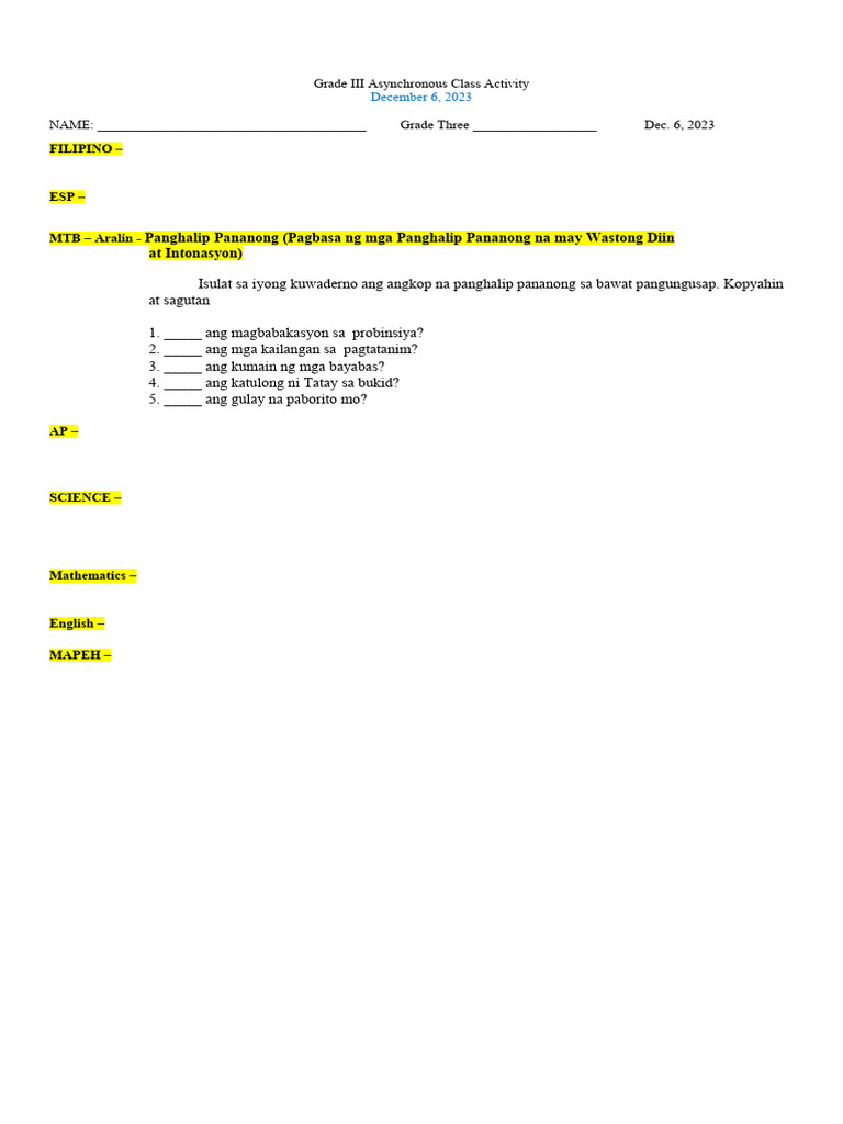 Asynchronous Activity Grade 3 Dec 5 | PDF