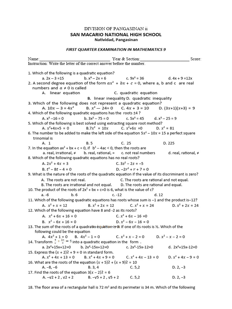MATH-9-exam For Compilation | PDF | Quadratic Equation | Equations