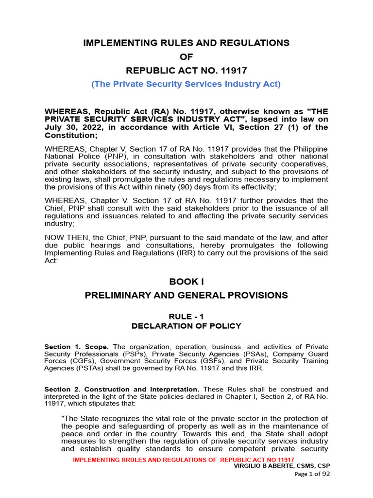 Irr Ra 11917 | PDF | Security Guard | Police Dog