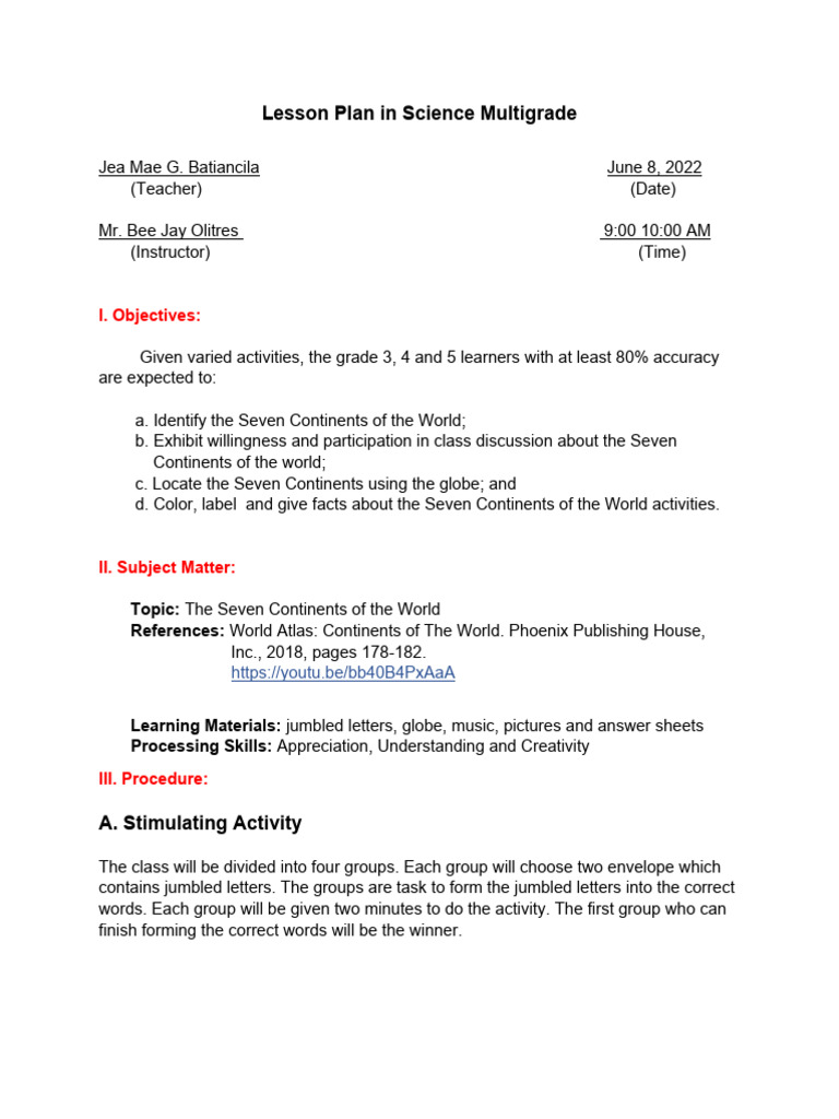 FINAL Lesson Plan in Social Science Multi-Grade | PDF | Continent ...