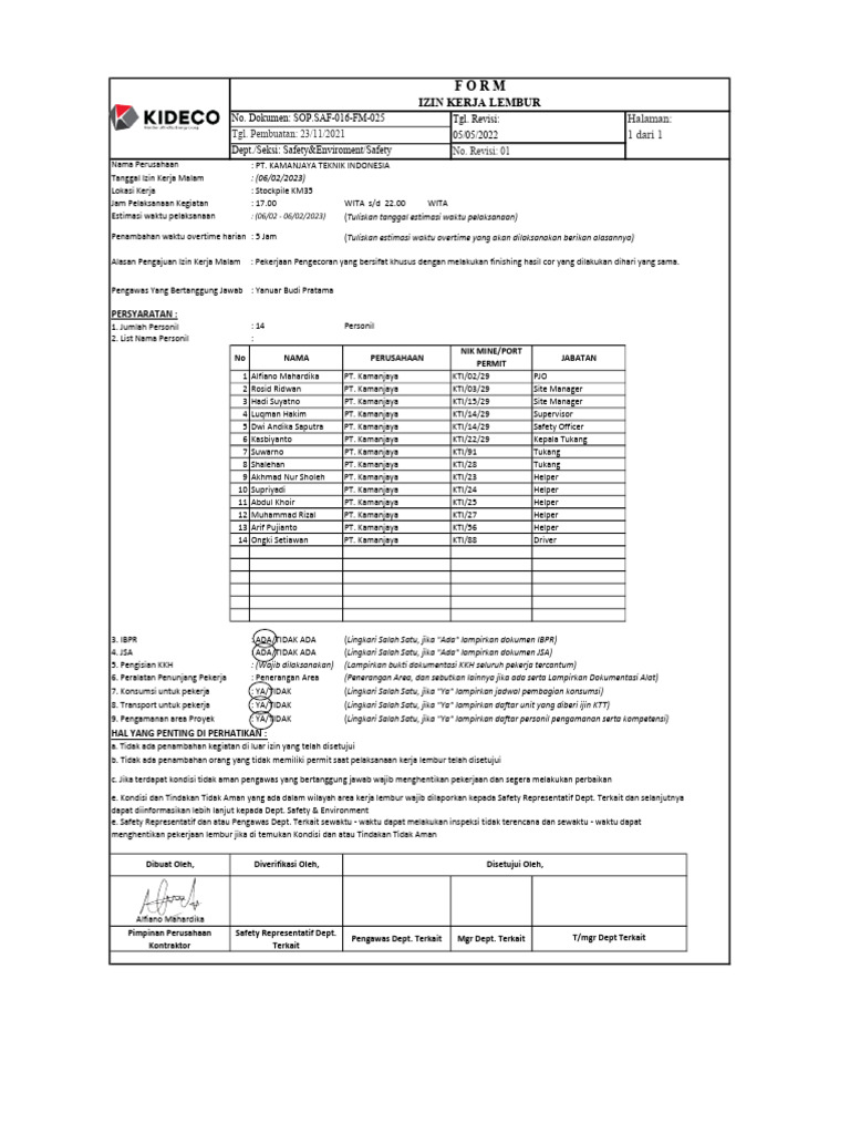 Sop - Saf-016-Fm-025 Form Izin Kerja Lembur | PDF Sop - Saf-016-Fm-025 Form Izin Kerja Lembur | PDF