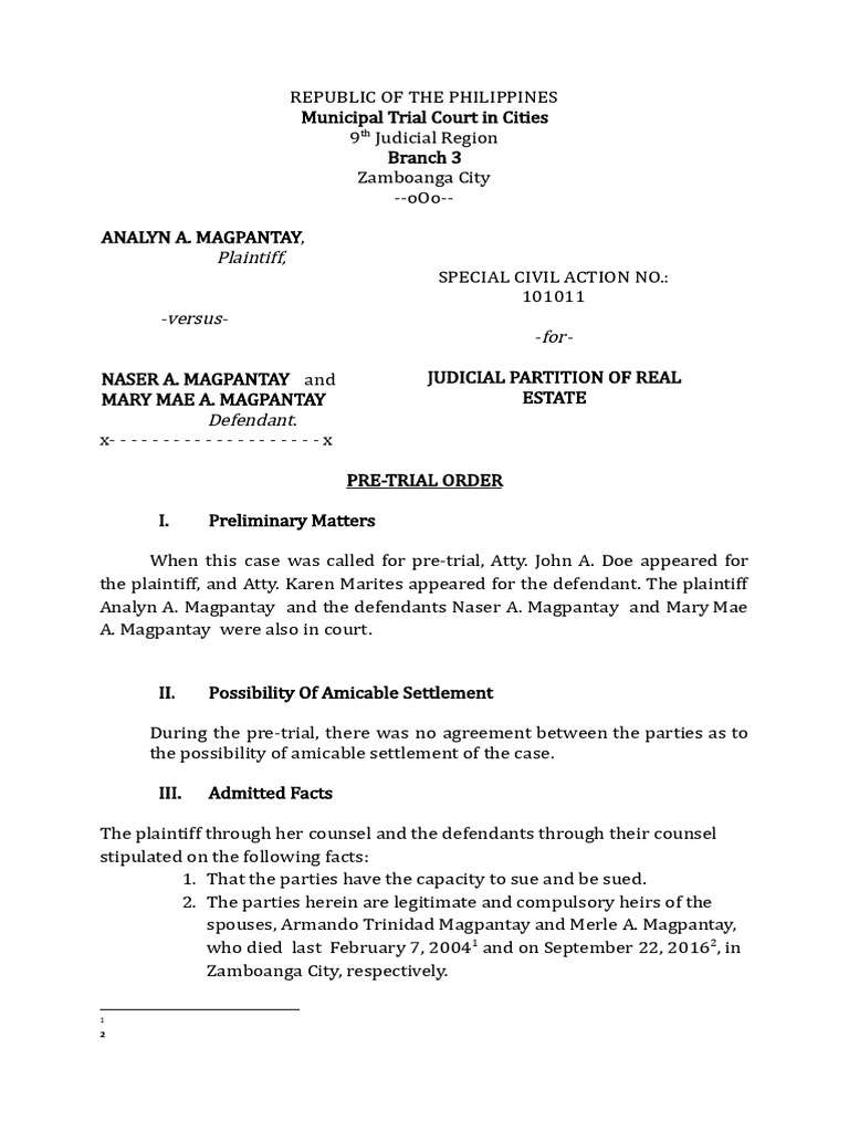 Pre Trial Order PARTITION | PDF | Witness | Discovery (Law)