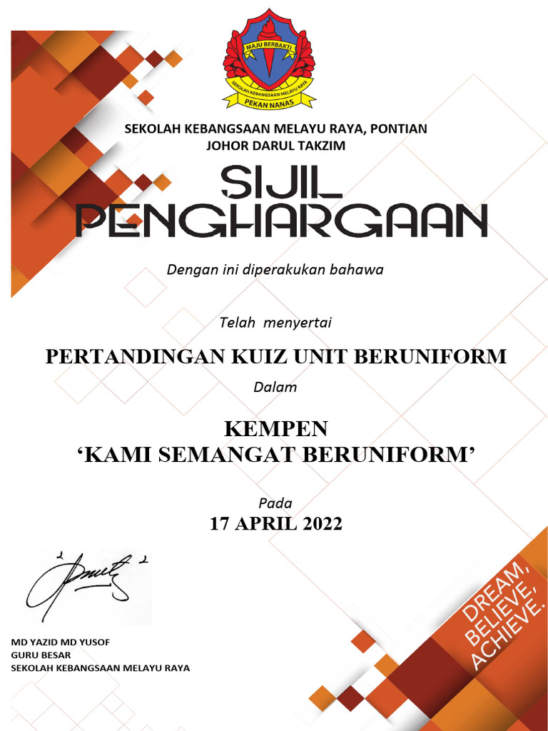 Sijil Penghargaan Kuiz Unit Beruniform | PDF