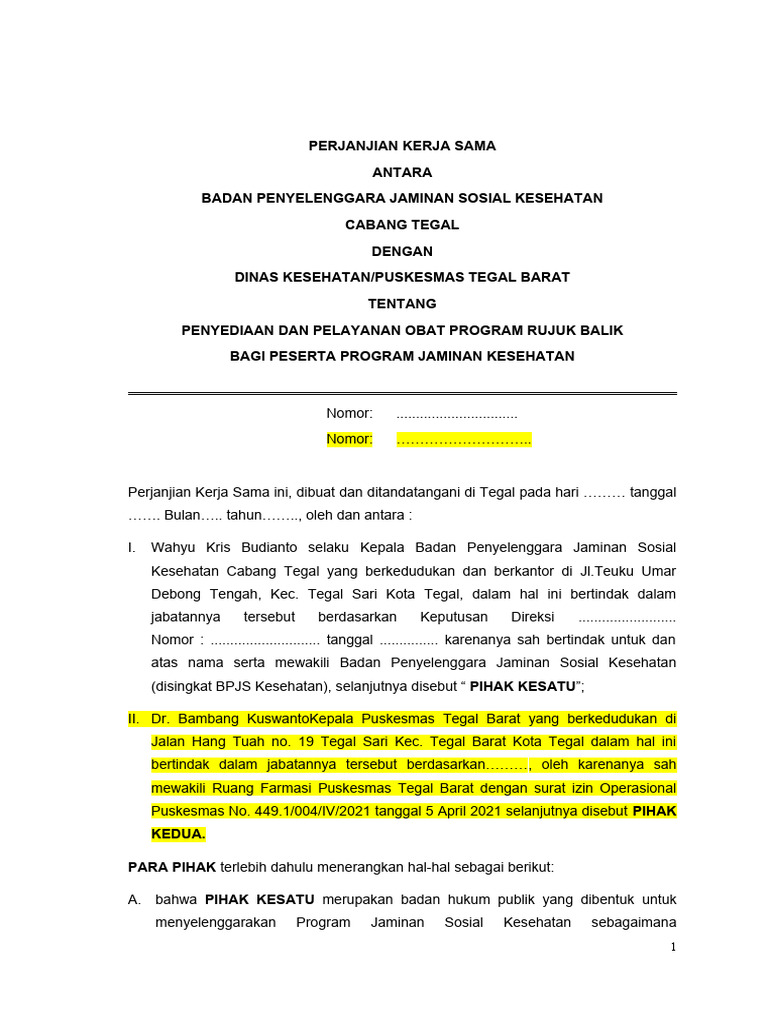 Kerja Sama BPJS & Puskesmas Tegal | PDF