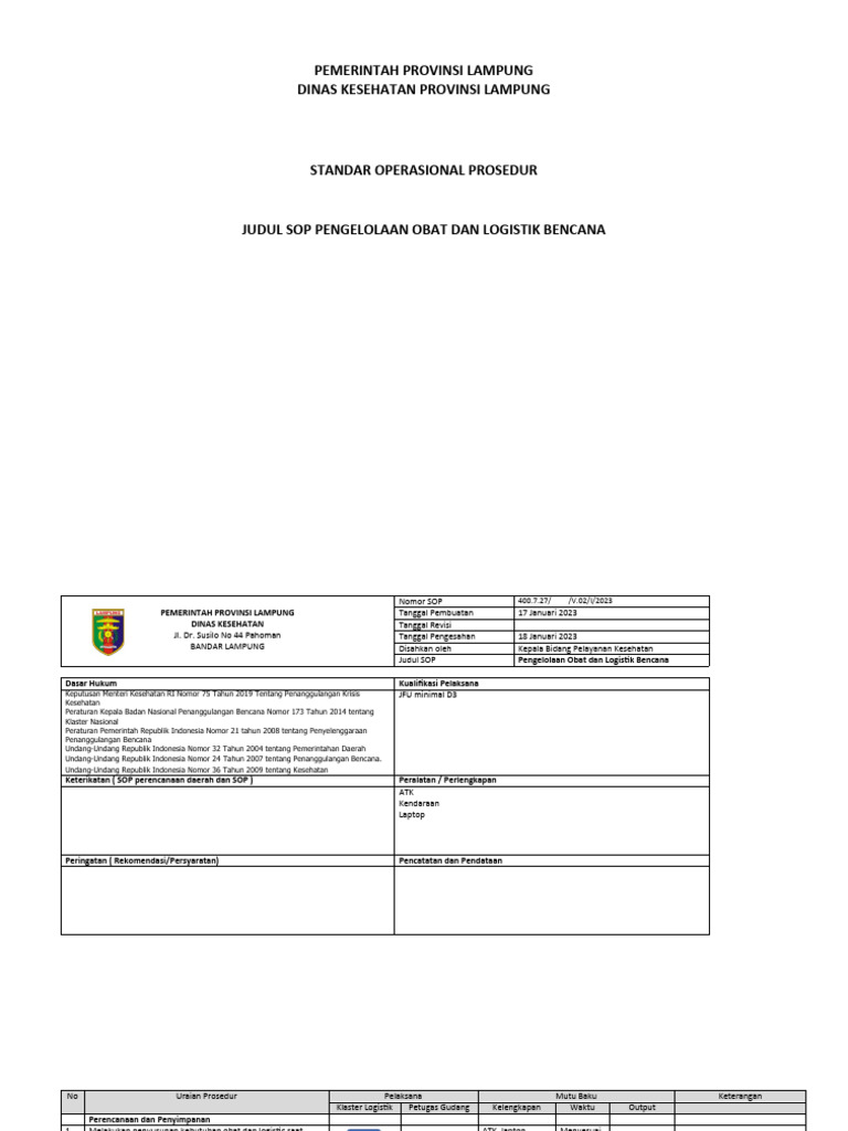 Sop Pengelolaan Obat Dan Logistik Bencana | PDF