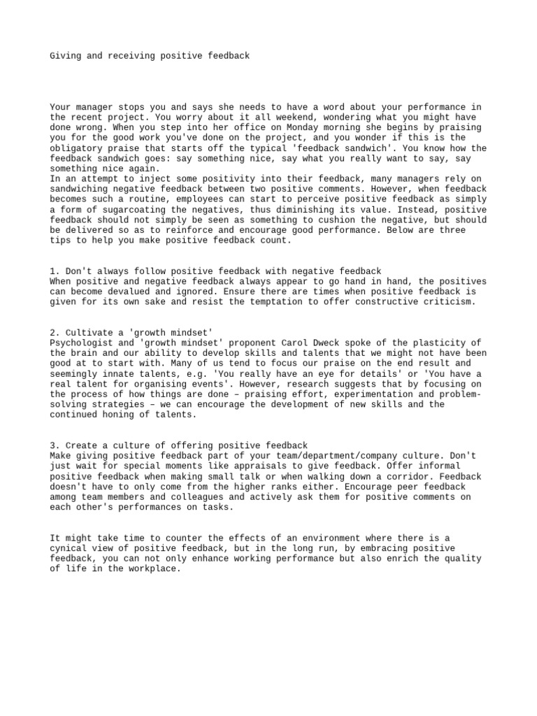 Giving and receiving positive feedback | PDF | Positive Feedback | Mindset