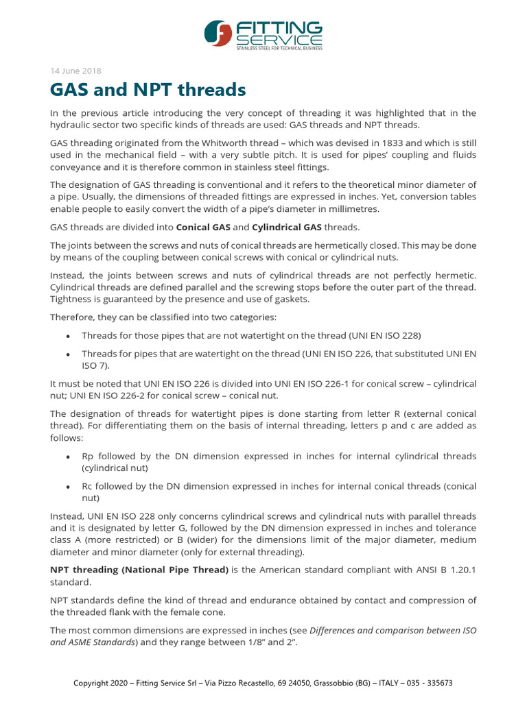 Gas NPT Threads Service | PDF | Pipe (Fluid Conveyance) | Screw